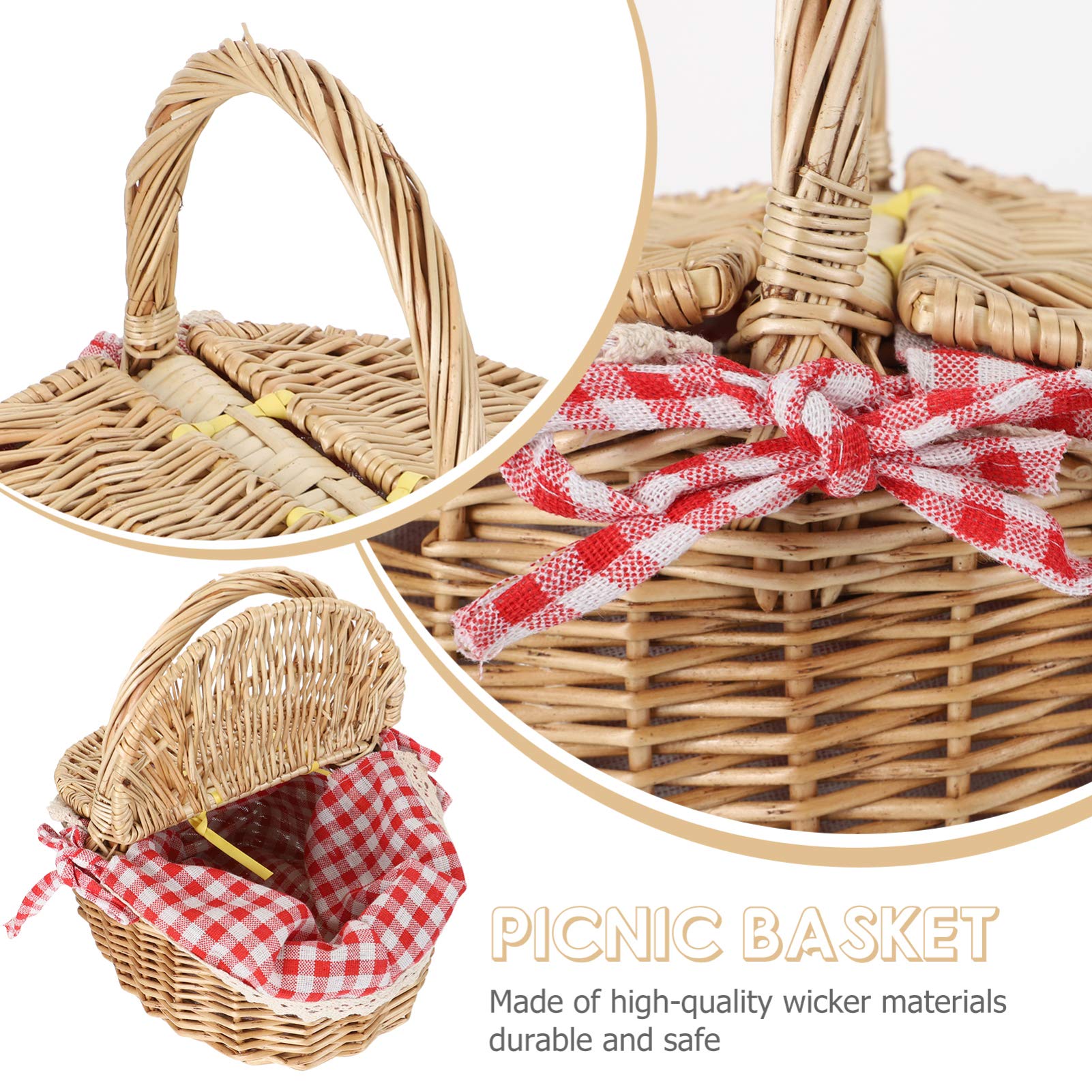 Wicker Basket with Liner Camping Picnic Basket Shopping Storage Hamper with Lid and Handle for Barbecue Food Storage Container Sundries Organizer Red Fruit Vegetable Storage Basket