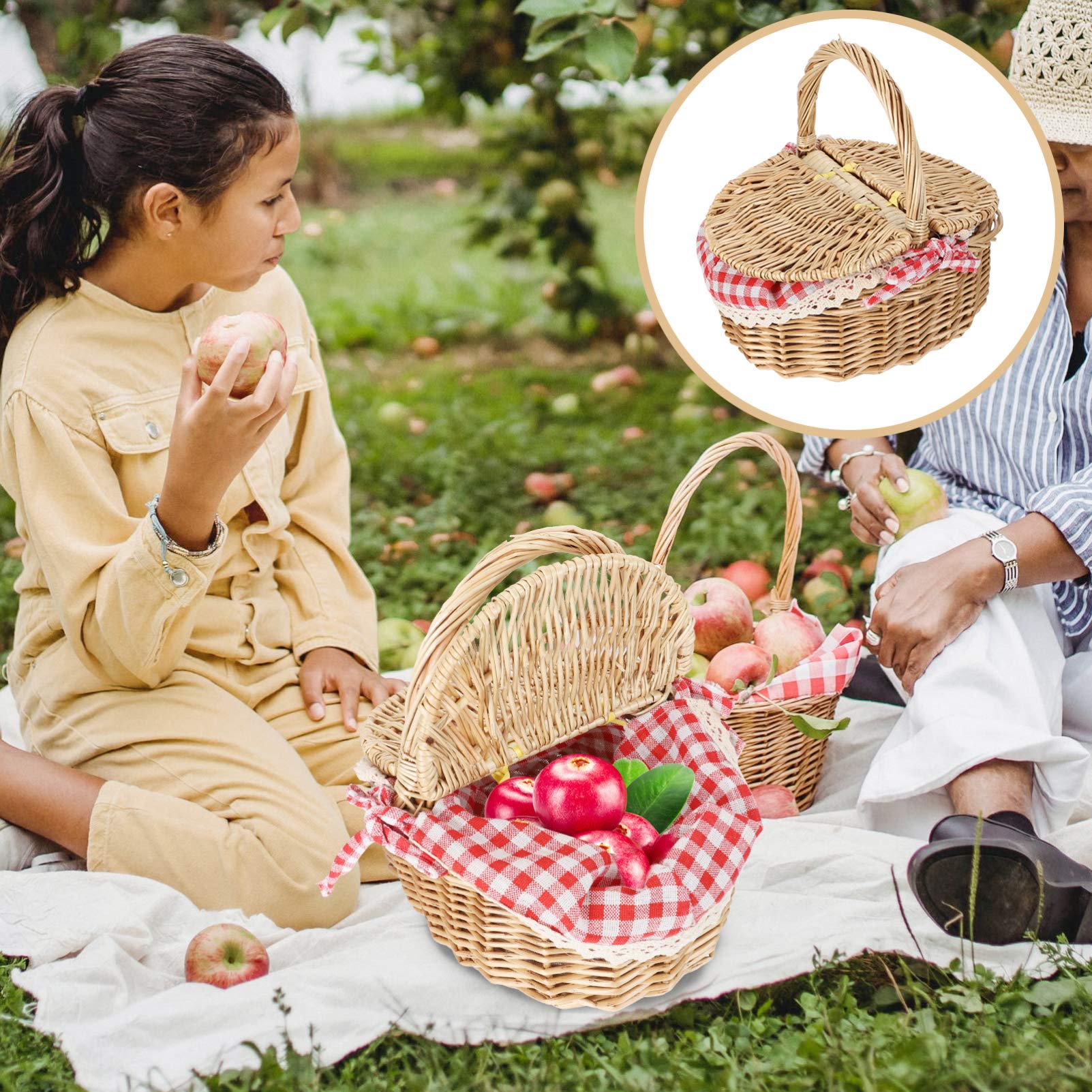 Wicker Basket with Liner Camping Picnic Basket Shopping Storage Hamper with Lid and Handle for Barbecue Food Storage Container Sundries Organizer Red Fruit Vegetable Storage Basket