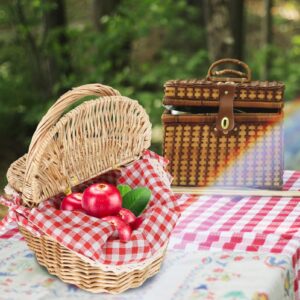 Wicker Basket with Liner Camping Picnic Basket Shopping Storage Hamper with Lid and Handle for Barbecue Food Storage Container Sundries Organizer Red Fruit Vegetable Storage Basket