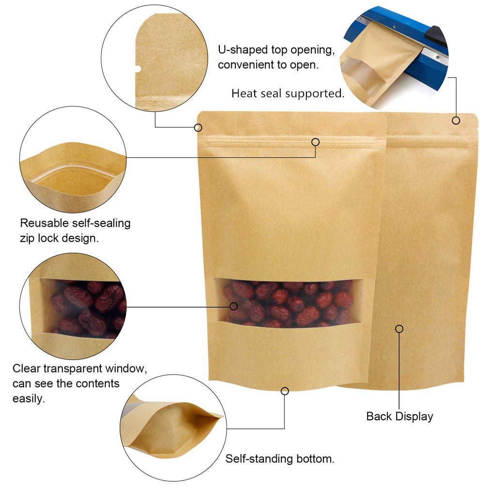 50pcs Kraft Paper Bags with Window Resealable Zip Lock Food Storage Bags Heat Sealable Stand Up Brown Paper Pouches for Cookies Coffee Tea 1lb 8×12in