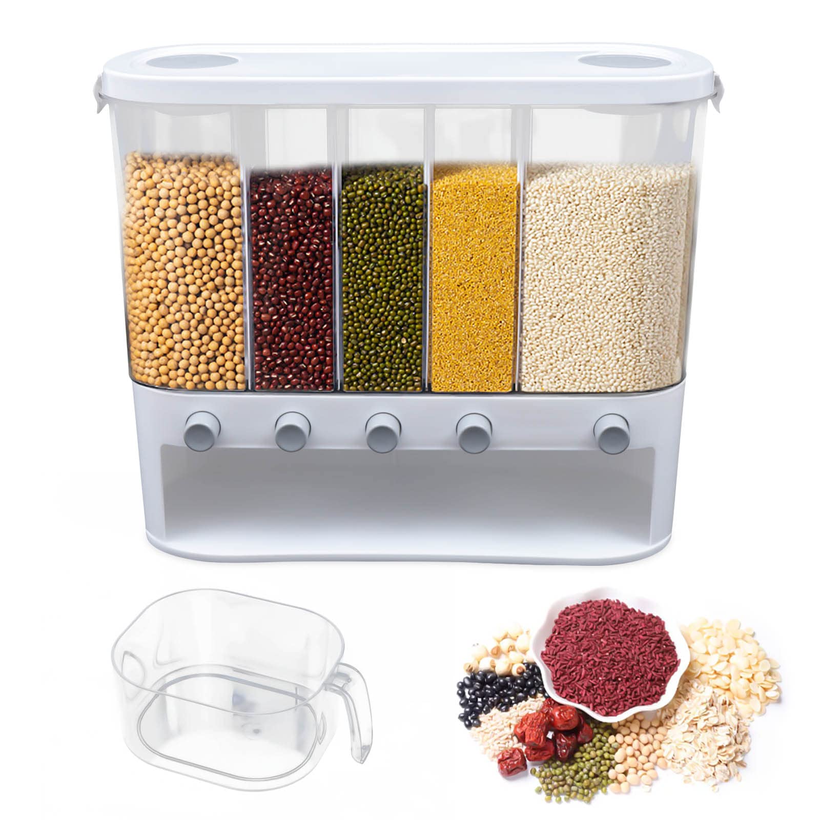 KIOPOWQ Food Dispenser, Rice Containers Wall-mounted 5 Grid Cereal Container Dispenser with with Measuring Cup, Plastic Airtight Transparent Storage Containers Sealed Can for Food, Rice