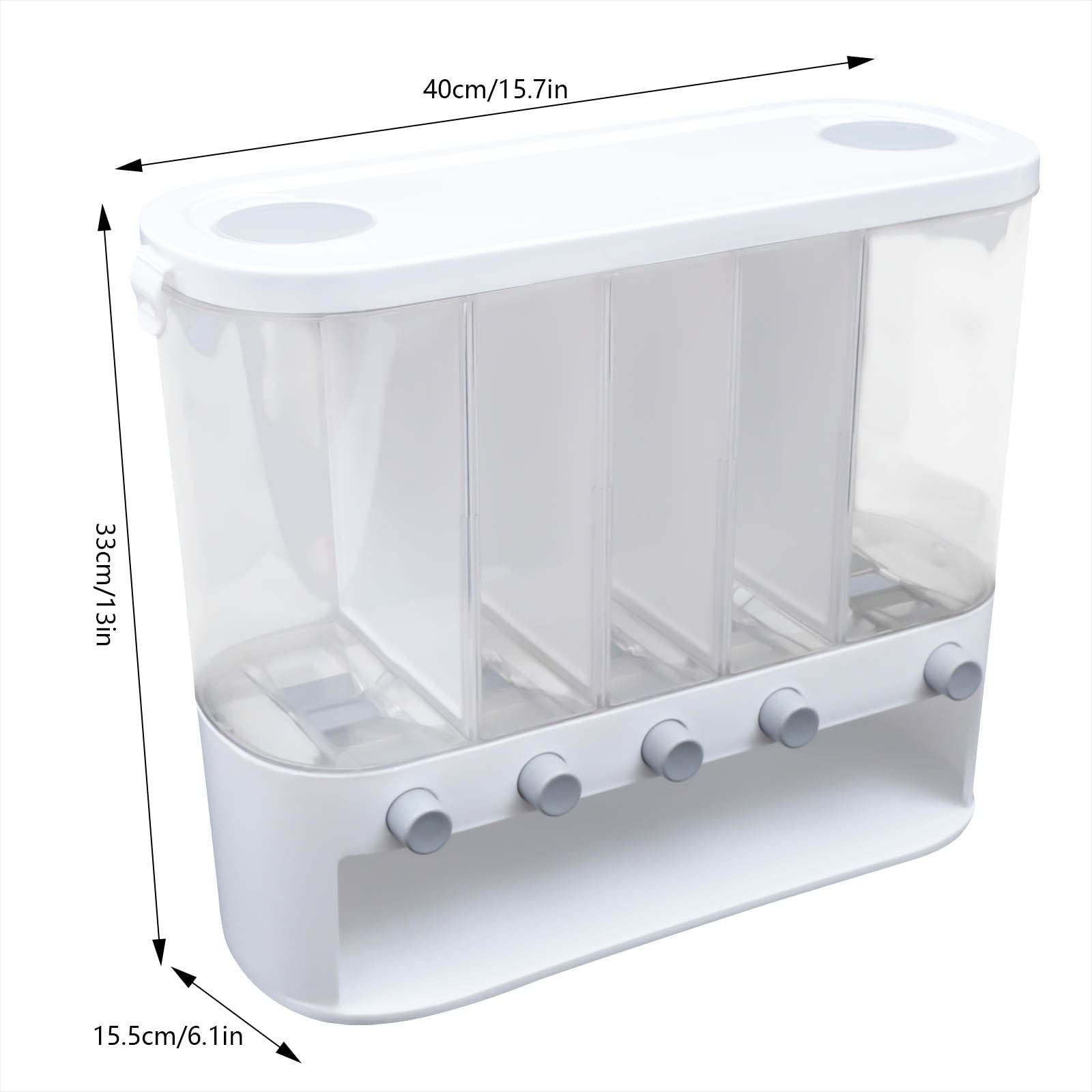 KIOPOWQ Food Dispenser, Rice Containers Wall-mounted 5 Grid Cereal Container Dispenser with with Measuring Cup, Plastic Airtight Transparent Storage Containers Sealed Can for Food, Rice