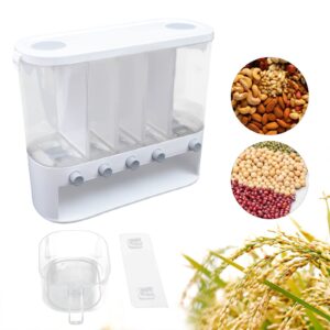 KIOPOWQ Food Dispenser, Rice Containers Wall-mounted 5 Grid Cereal Container Dispenser with with Measuring Cup, Plastic Airtight Transparent Storage Containers Sealed Can for Food, Rice