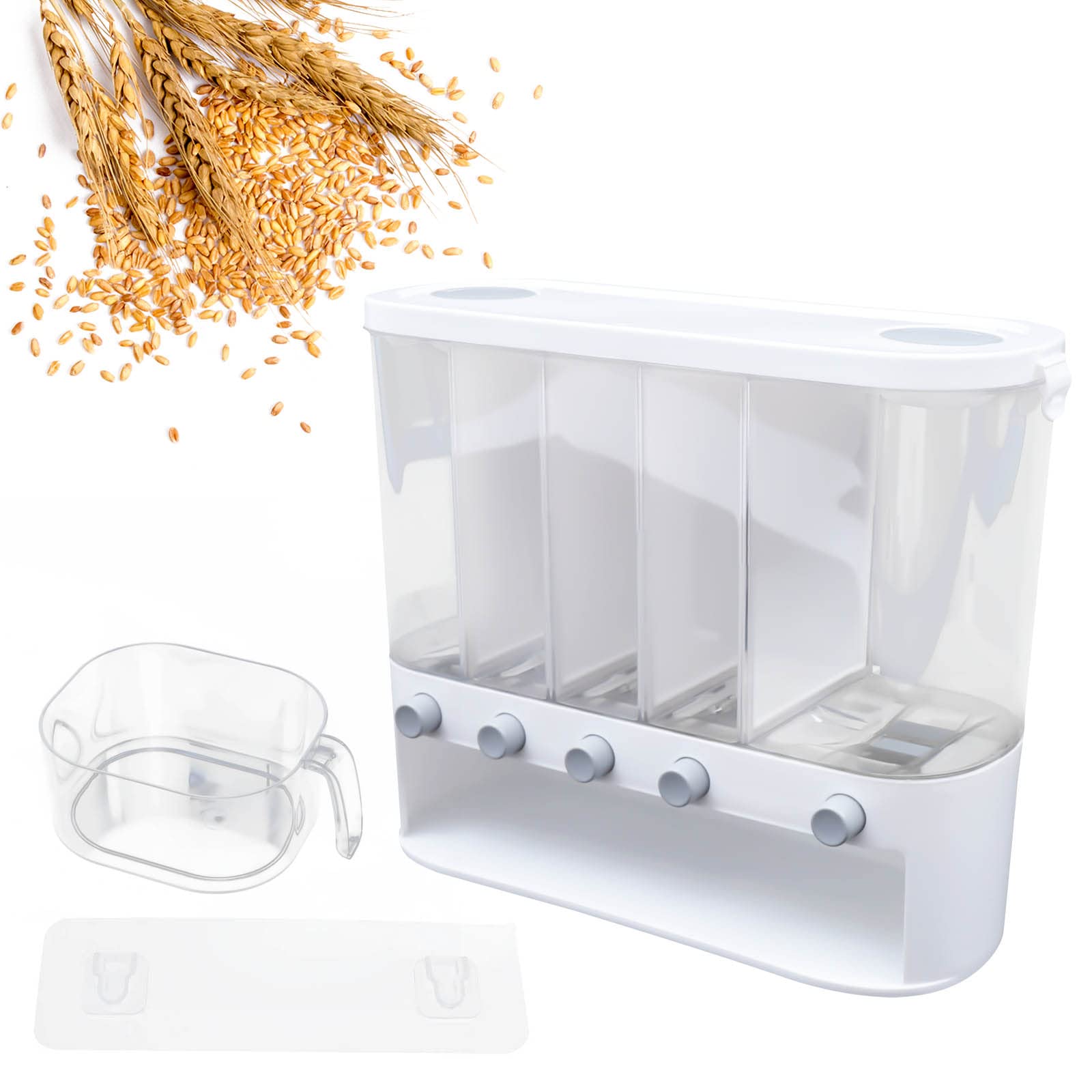 KIOPOWQ Food Dispenser, Rice Containers Wall-mounted 5 Grid Cereal Container Dispenser with with Measuring Cup, Plastic Airtight Transparent Storage Containers Sealed Can for Food, Rice