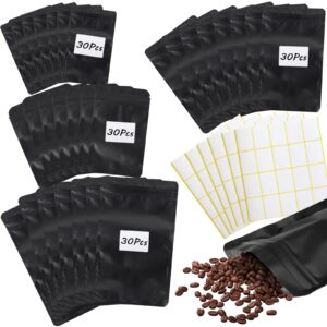 hmieprs hmieprs 120pcs mylar bags matte black, smell proof bags foil packaging pouch stand up with 120pcs sticky labels, resealable bags coffee bean for food self sealing, matte black（assorted sizes）