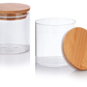 JUVITUS 8 oz Clear Glass Jar with Wooden Bamboo Silicone Sealed Lid (2 Pack)