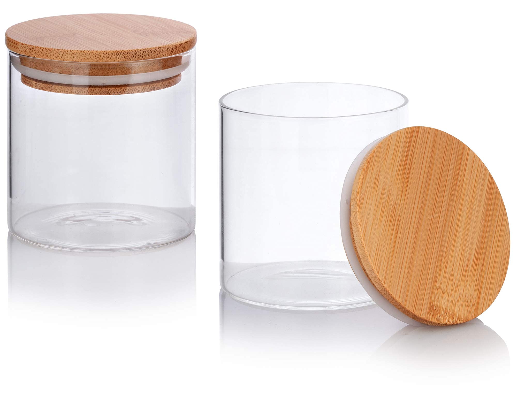 JUVITUS 8 oz Clear Glass Jar with Wooden Bamboo Silicone Sealed Lid (2 Pack)