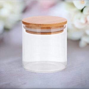 JUVITUS 8 oz Clear Glass Jar with Wooden Bamboo Silicone Sealed Lid (2 Pack)