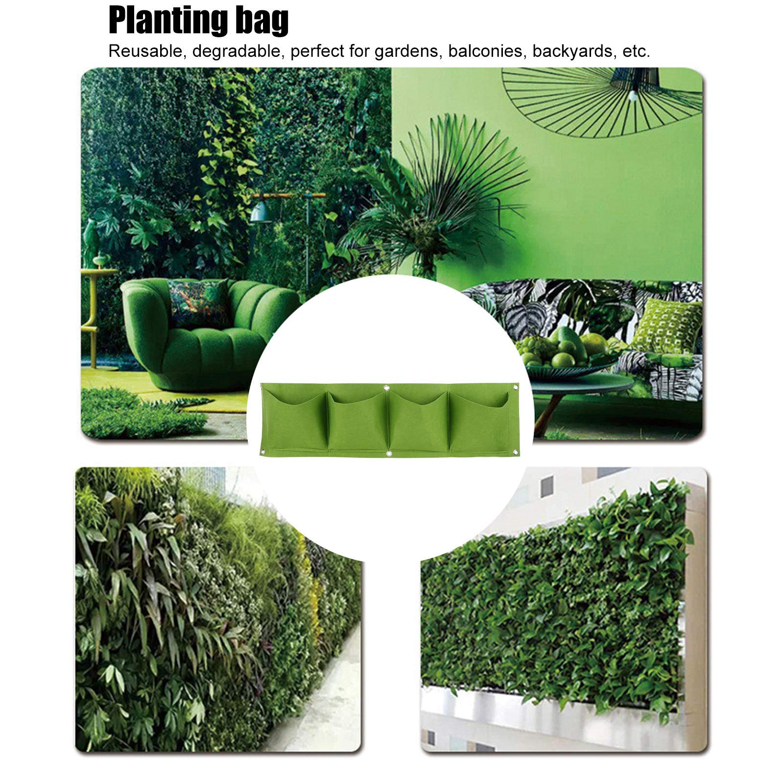 4Pcs Vertical Hanging Outdoor Wall Planter 4 Pocket Plant Grow Bag Wall Mounted Reusable Degradable Felt Garden Planter Herbs, Succulents Artificial Pl or Flowers. (Green)