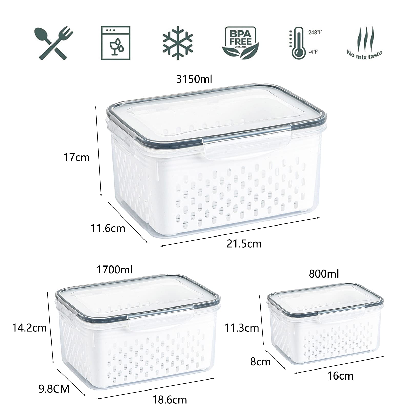 Mochalight 3Pcs Refrigerator Fresh Storage Containers Double-Layer Organizer,2 in 1 Fruit Vegetable Storage Containers Double-Layer Draining Fresh Box for Kitchen Refrigerator