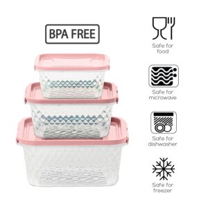 Plasvale Food Storage Plastic Containers Set of Crystal Line - 6 Pieces - Microwave, Freezer and Dishwasher Safe - BPA Free (Rose)