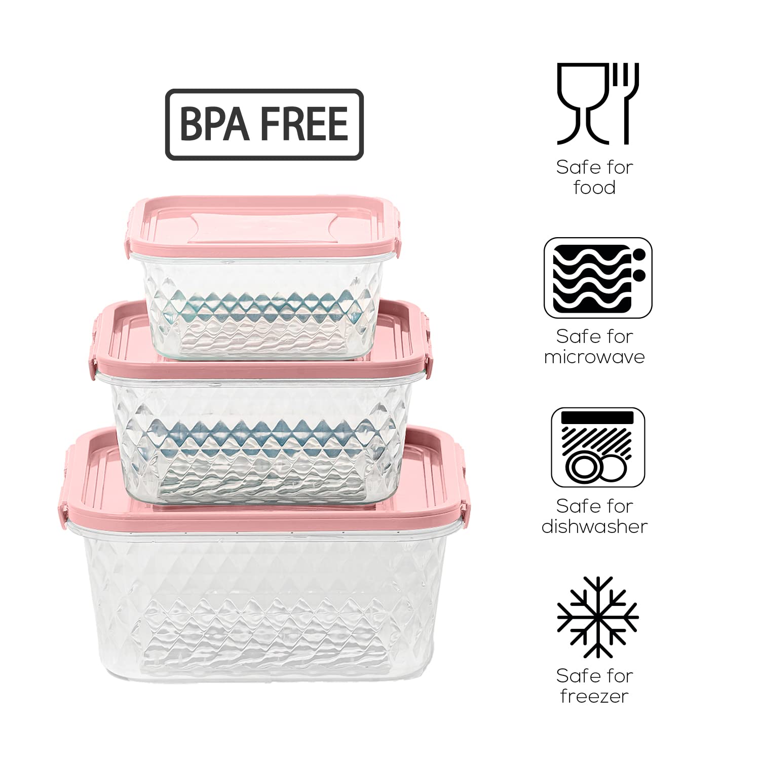 Plasvale Food Storage Plastic Containers Set of Crystal Line - 6 Pieces - Microwave, Freezer and Dishwasher Safe - BPA Free (Rose)