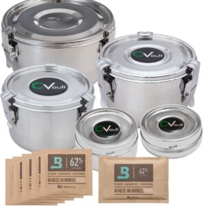 CVAULT Personal Combo Kit | Smell-Proof, Air Tight & Light Resistant | Includes (1) XSmall Twist, (1) Small Twist, (1) Medium, (1) Large, (1) 2-Liter and (5) 8-Gram Boveda 62%