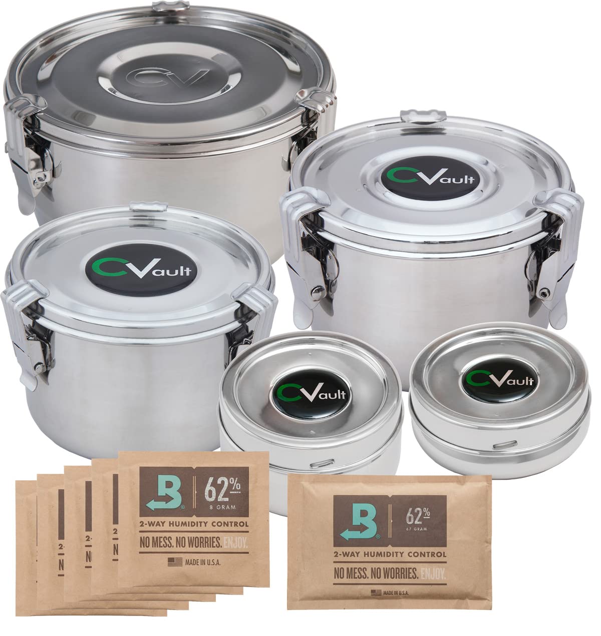 CVAULT Personal Combo Kit | Smell-Proof, Air Tight & Light Resistant | Includes (1) XSmall Twist, (1) Small Twist, (1) Medium, (1) Large, (1) 2-Liter and (5) 8-Gram Boveda 62%