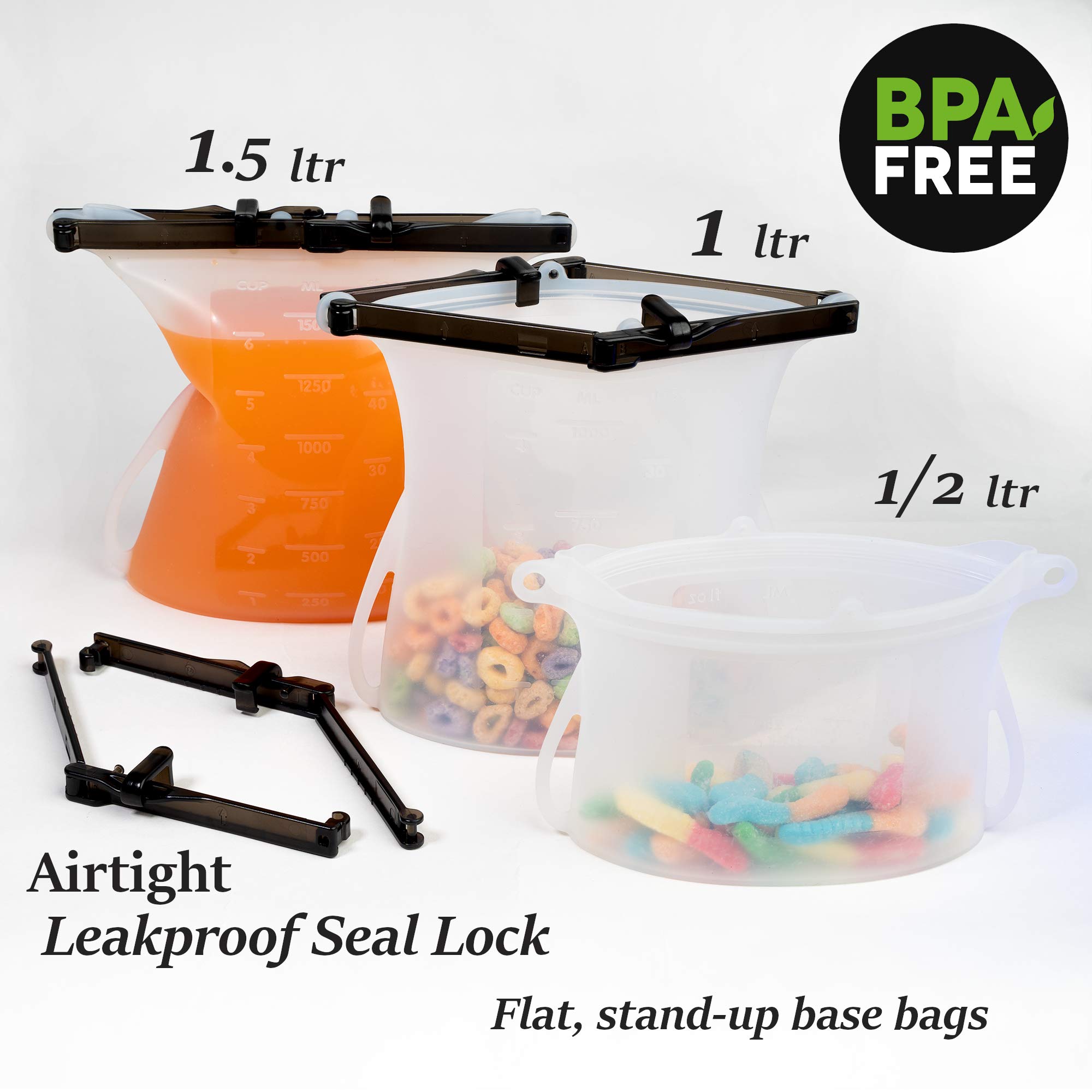 (Set of 3) Leak-proof Seal Lock Reusable Silicone Food Storage Bag. Heavy-Duty Airtight, Flat stand-up base. Store, Microwave and Freeze (Sizes in set 1.5 liter - 1 liter - 1/2 liter)