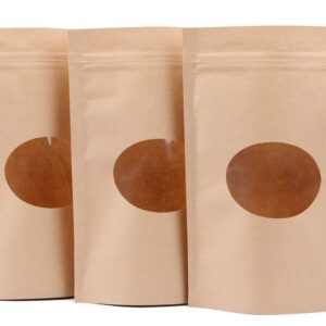 Katkitchen 100PCs Zip Lock Stand Up Kraft Paper Food Storage Bags Pouch with Round Window & Tear Notch, 5.1"x7.4" Food Saver Paper Party Gift Favor Wrap for Candy, Coffee Beans Nuts