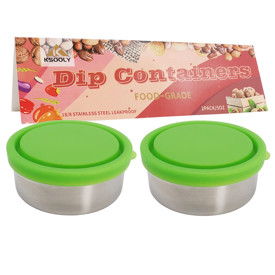 Ksooly 5 oz Leak Proof Snack and Side Dish Containers | Set of 2 (5 oz) | Spill Proof in Bags and Bento Boxes | Food Grade Stainless Steel with Seal Lids, Green