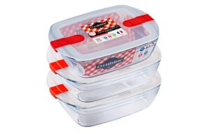 Ôcuisine 334s116 rectangular tempered borosilicate glass food containers with patented microwave safe, oven cooking (without lid), storage & reheating, set of 3, bpa free, made in france