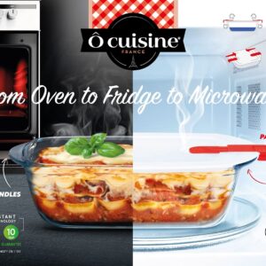 Ôcuisine 334S116 rectangular tempered borosilicate glass food containers with patented microwave safe, oven cooking (without lid), storage & reheating, Set of 3, BPA Free, Made in France