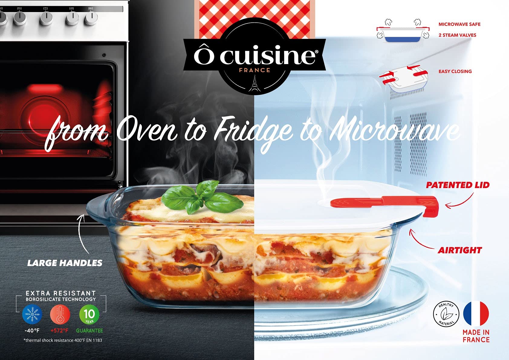 Ôcuisine 334S116 rectangular tempered borosilicate glass food containers with patented microwave safe, oven cooking (without lid), storage & reheating, Set of 3, BPA Free, Made in France