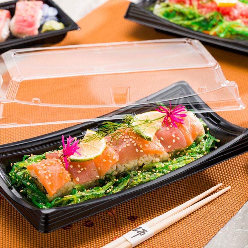 Restaurantware Roku 9.75 x 4.75 Inch Sushi Trays 100 Disposable Sushi Containers With Lids - Long Take Out Containers For Appetizers Entrees or Desserts Black Plastic To Go Containers