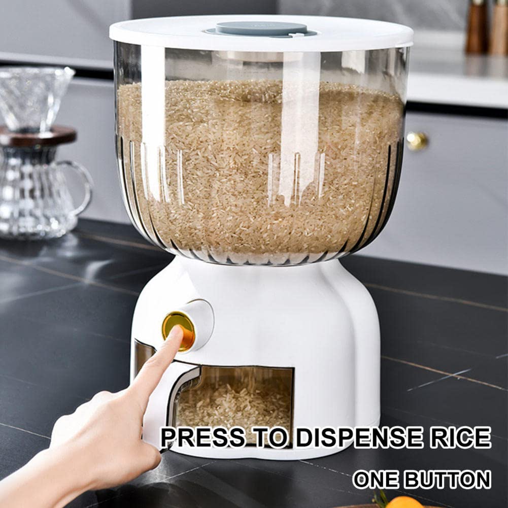 FEMUN Cereal Dispenser, Rice Dispenser, one-Touch Press Dry Food Dispenser, Household Transparent Rice Bucket, Kitchen Sealed Storage Container, Rice Storage Box for Cereals, Rice (10kg)