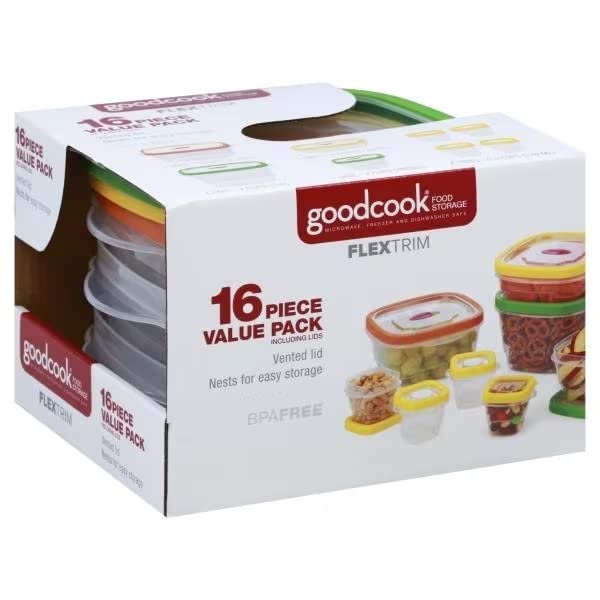 Hansi Naturals goodcook Flex Trim Food Storage Clear Containers with Vented Colored LIds, 16 Piece Value Pack