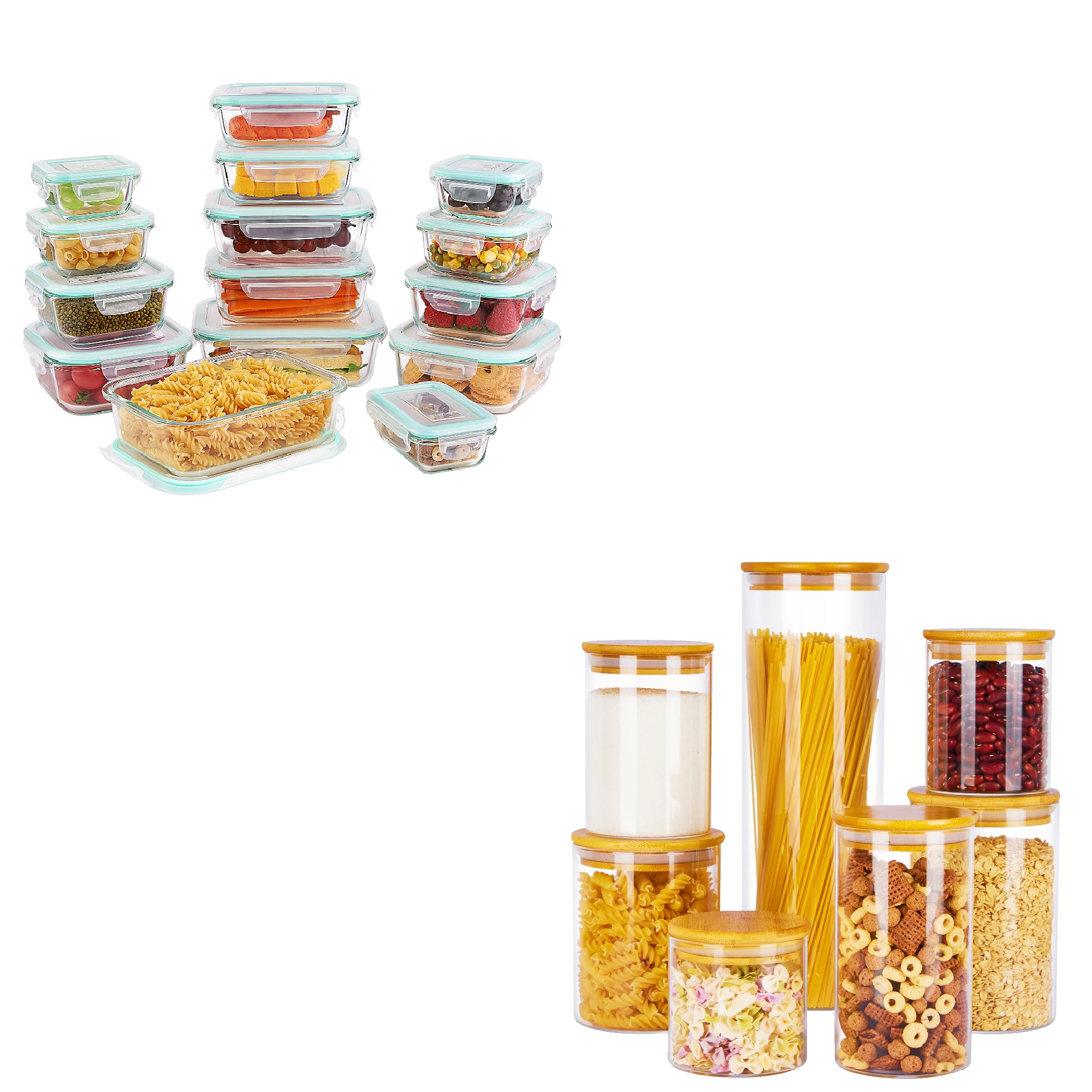 Vtopmart 15 Pack Glass Food Storage Containers and 7 Pack Glass Jars with Bamboo Lids