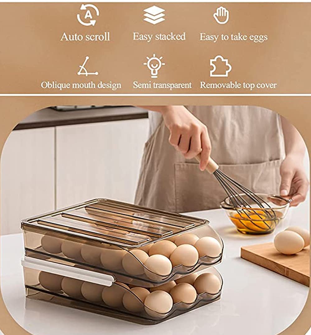 ZYDZ Automatic Rolling Egg Holder for Refrigerator, Fridge Organizers and Storage Space Saver Tray Container Bins Box (Two Layers)