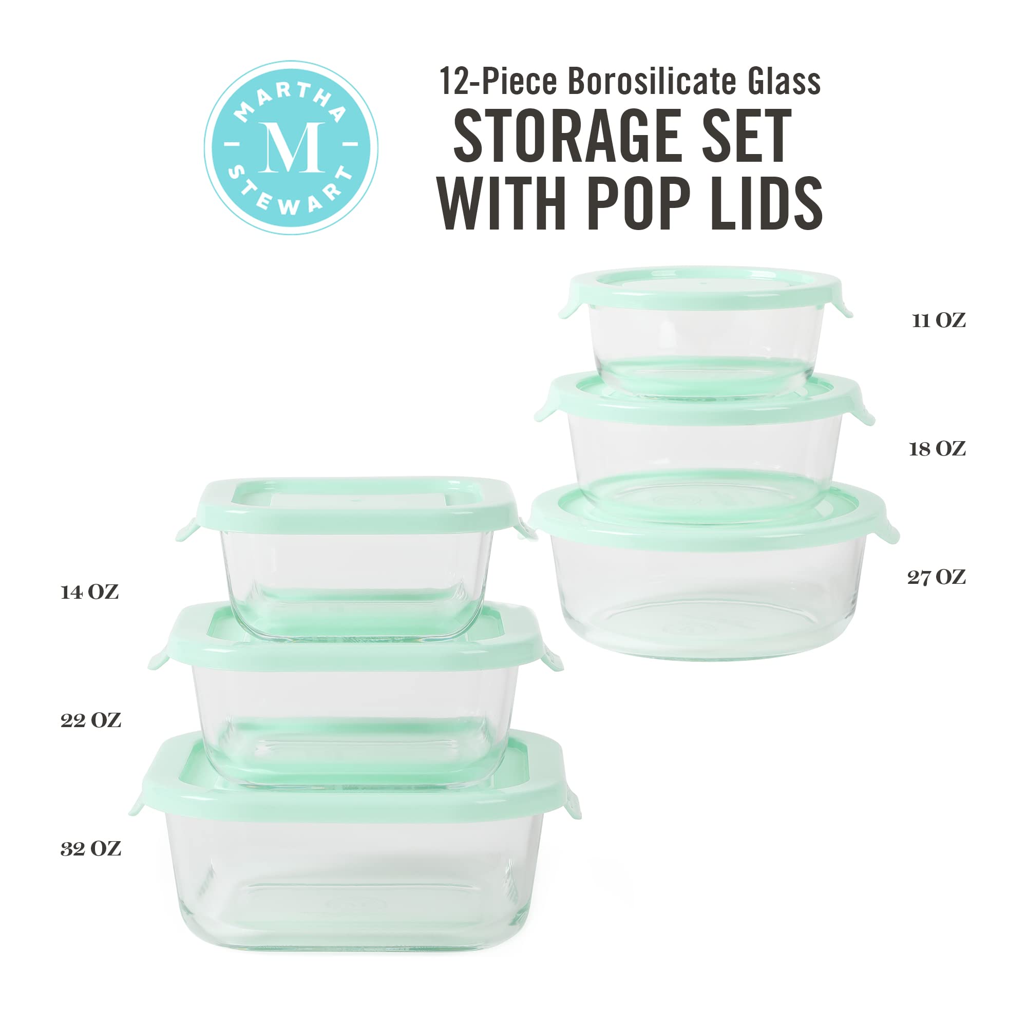 Martha Stewart 12 Piece Storage Borosilicate Glass Container Set w/Snap Martha Blue Lids