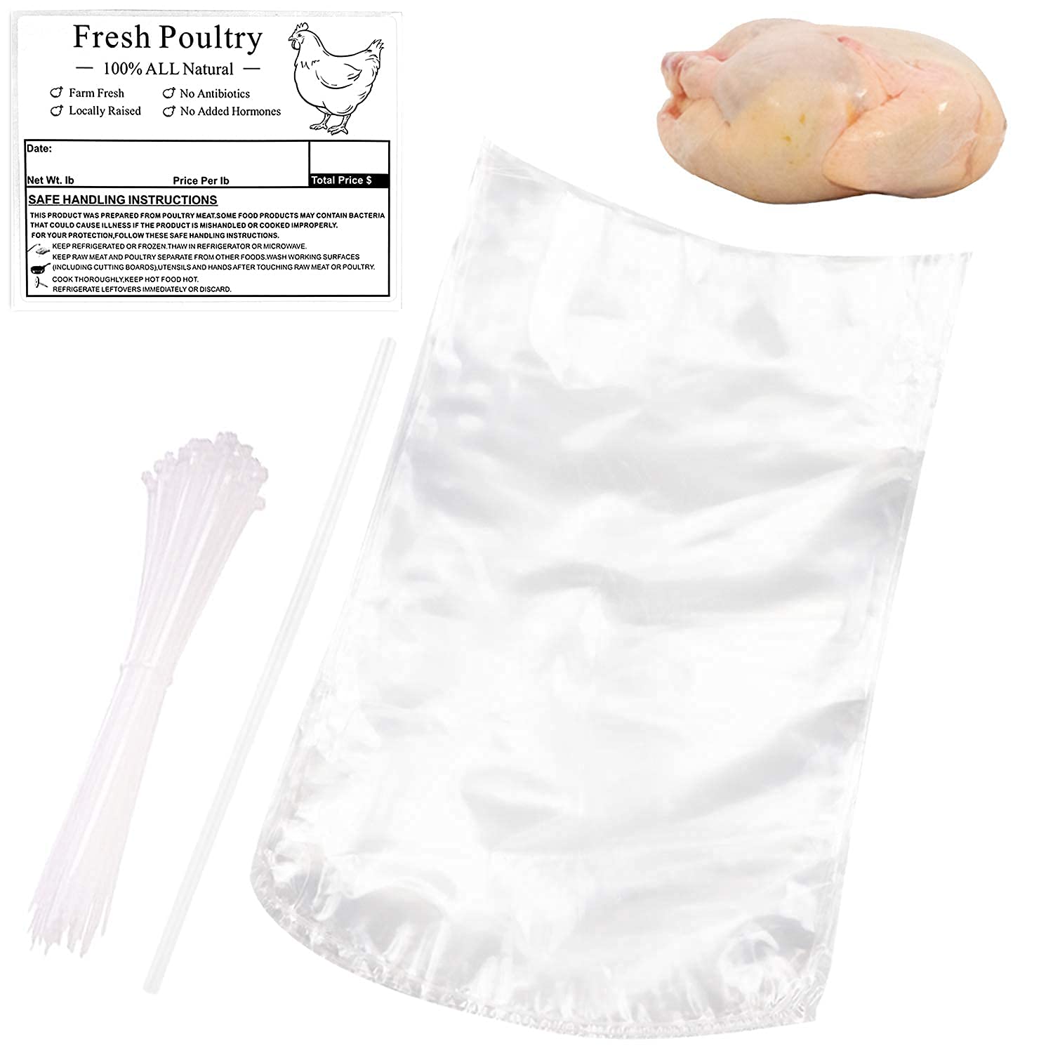 Poultry Shrink Bags 13"x18" 50Pack Clear Poultry Heat Shrink Wrap BPA Free Freezer with 50 Zip Ties,50PCS Freezer Labels and a Silicone Straw for Chickens,Rabbits