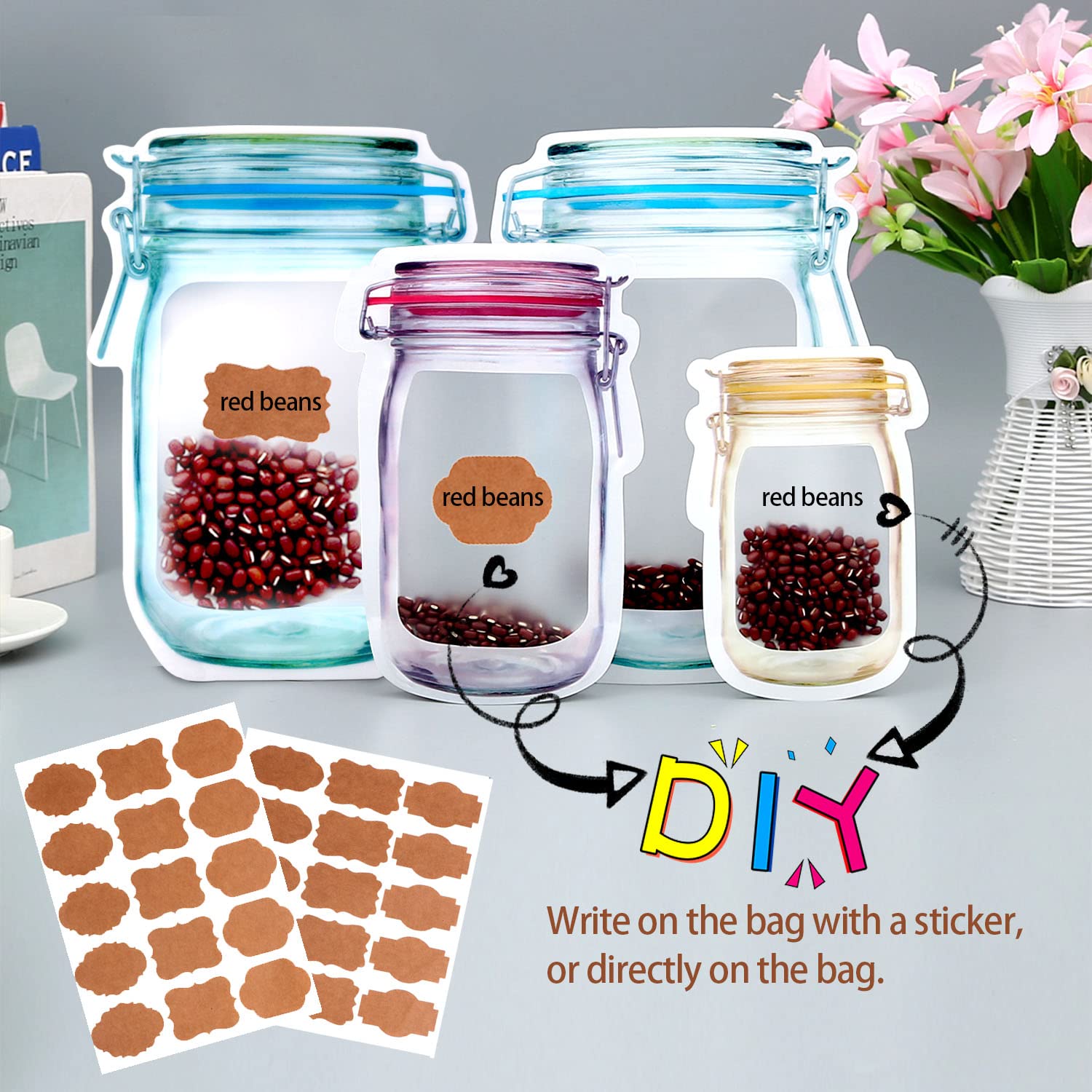 KESTAR 30 Pcs Mason Jar Zipper Bags, Spice Storage Bags, Reusable Food Saver Storage Bags Snacks Zipper Sealed Bags Fresh Bags with 30 PCS Labels for Travel Camping Picnic (Style01 30 PCS)