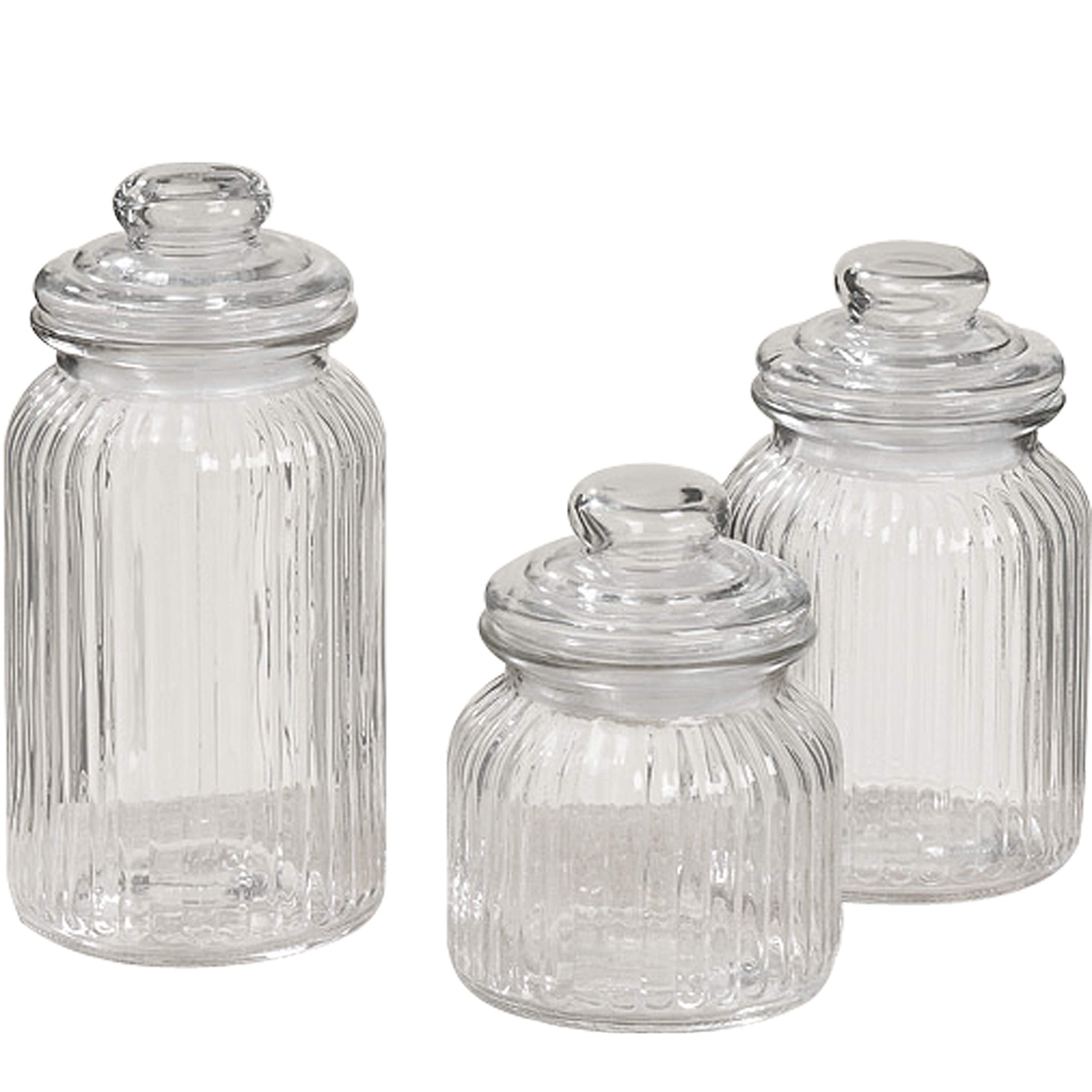 WHW Whole House Worlds Iconic Ribbed and Knob Topped Clear Glass Kitchen Storage Jars, Set of 3, Air Tight Seals, 9, 7 1/2, and 6 Inches Tall