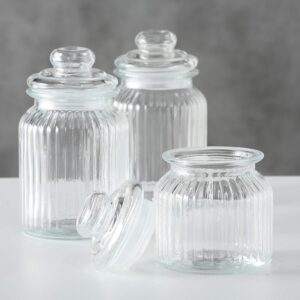 WHW Whole House Worlds Iconic Ribbed and Knob Topped Clear Glass Kitchen Storage Jars, Set of 3, Air Tight Seals, 9, 7 1/2, and 6 Inches Tall