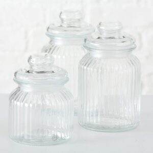 WHW Whole House Worlds Iconic Ribbed and Knob Topped Clear Glass Kitchen Storage Jars, Set of 3, Air Tight Seals, 9, 7 1/2, and 6 Inches Tall