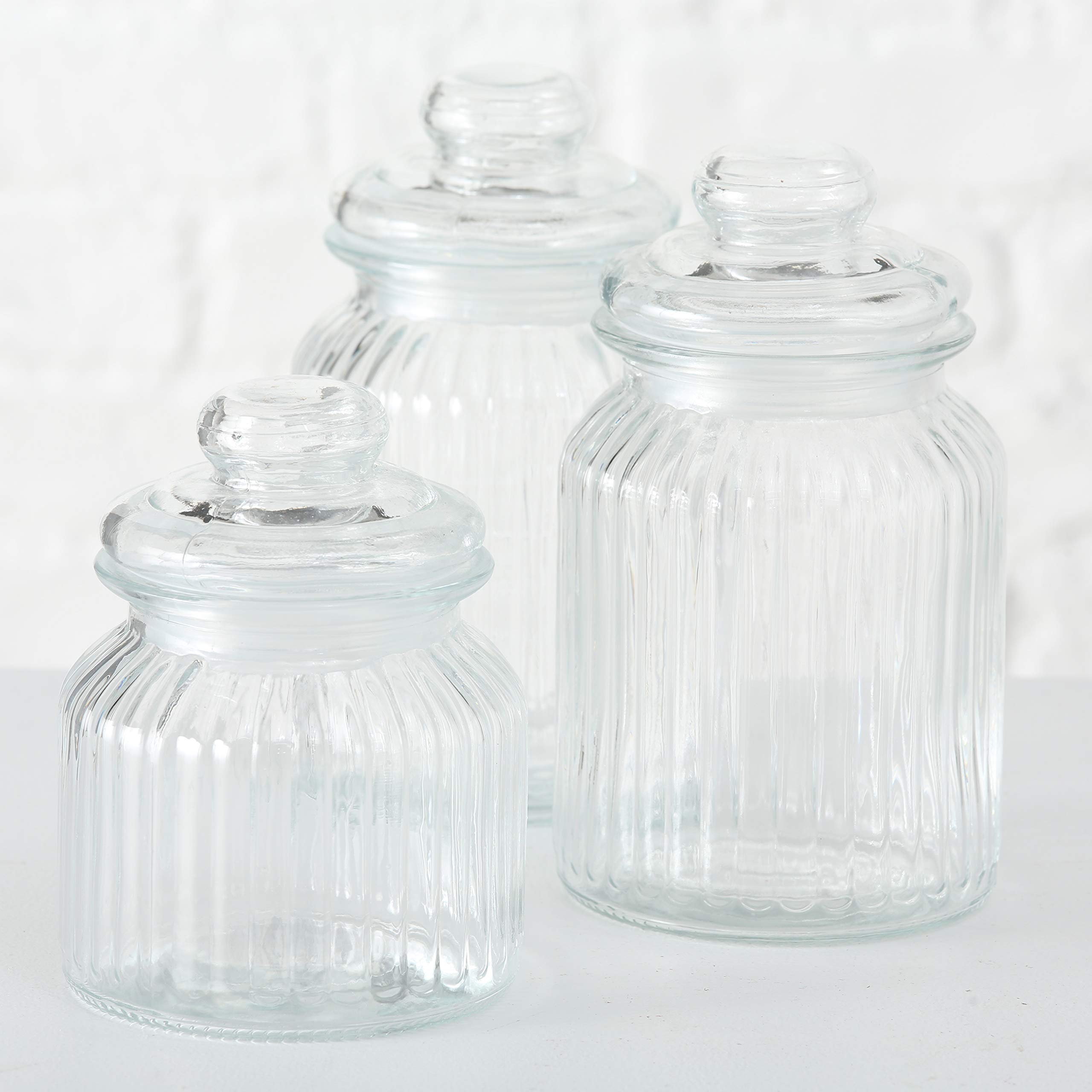 WHW Whole House Worlds Iconic Ribbed and Knob Topped Clear Glass Kitchen Storage Jars, Set of 3, Air Tight Seals, 9, 7 1/2, and 6 Inches Tall