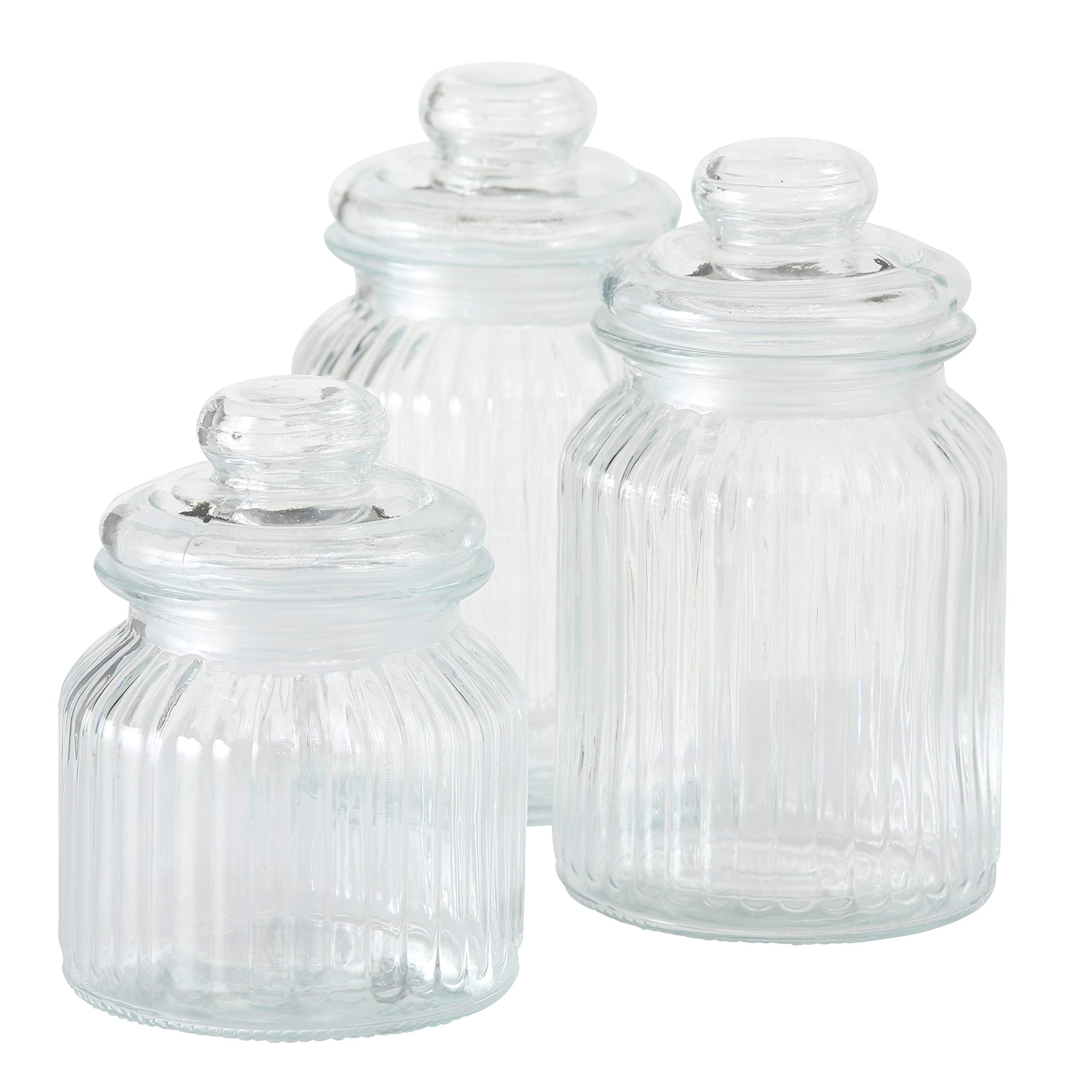 WHW Whole House Worlds Iconic Ribbed and Knob Topped Clear Glass Kitchen Storage Jars, Set of 3, Air Tight Seals, 9, 7 1/2, and 6 Inches Tall