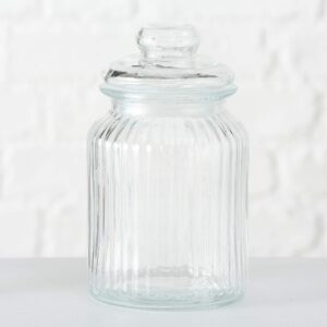 WHW Whole House Worlds Iconic Ribbed and Knob Topped Clear Glass Kitchen Storage Jars, Set of 3, Air Tight Seals, 9, 7 1/2, and 6 Inches Tall