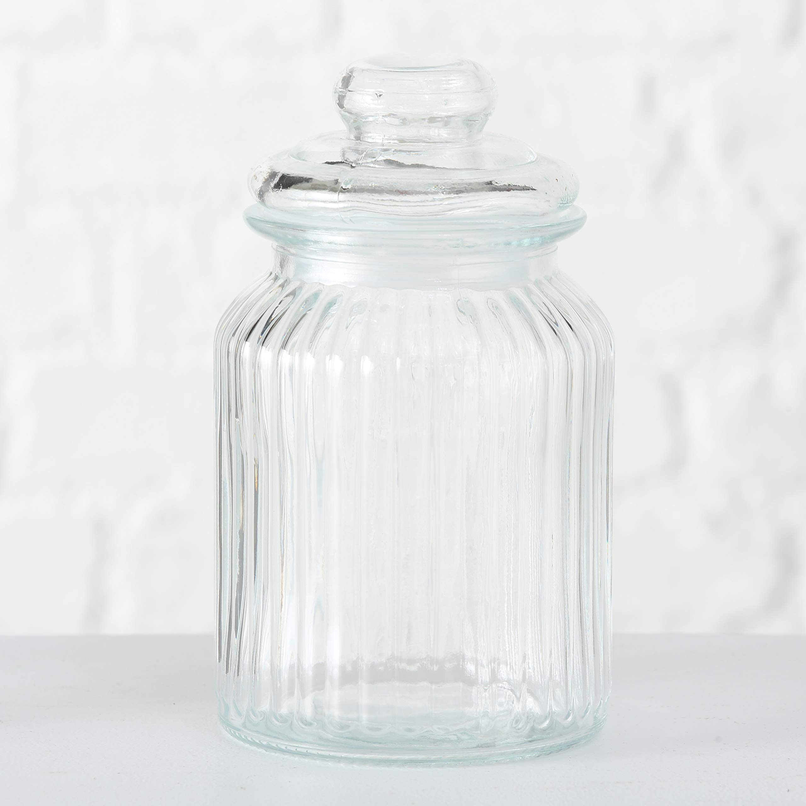 WHW Whole House Worlds Iconic Ribbed and Knob Topped Clear Glass Kitchen Storage Jars, Set of 3, Air Tight Seals, 9, 7 1/2, and 6 Inches Tall