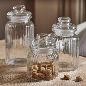 WHW Whole House Worlds Iconic Ribbed and Knob Topped Clear Glass Kitchen Storage Jars, Set of 3, Air Tight Seals, 9, 7 1/2, and 6 Inches Tall