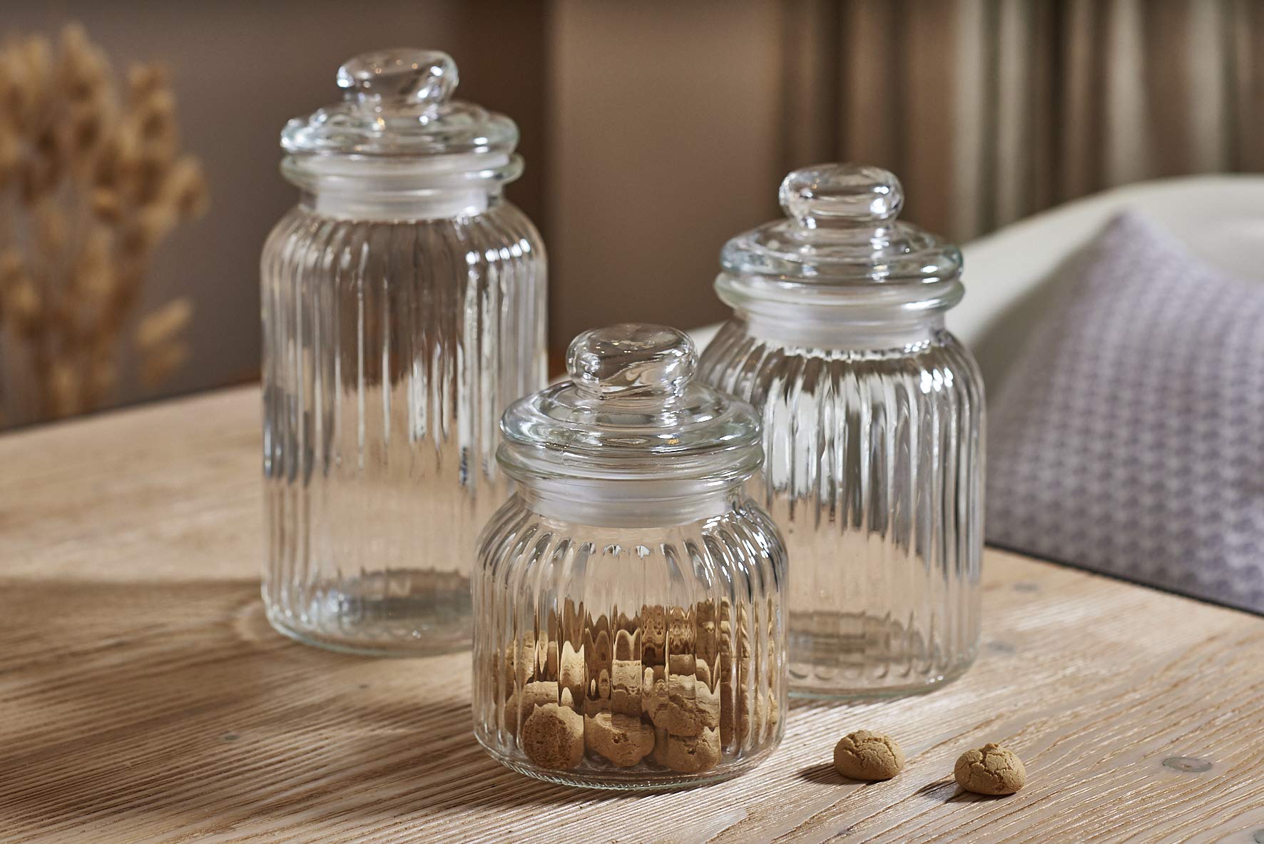 WHW Whole House Worlds Iconic Ribbed and Knob Topped Clear Glass Kitchen Storage Jars, Set of 3, Air Tight Seals, 9, 7 1/2, and 6 Inches Tall