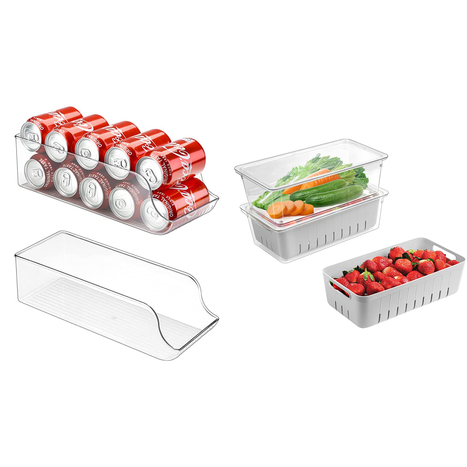 Puricon 2 Pack Can Drink Dispenser Organizer for Refrigerator Bundle with 2 Pack Fresh Food Containers for Fridge, Kitchen Fruit Storage Accessories Vegetable Keeper Produce Saver