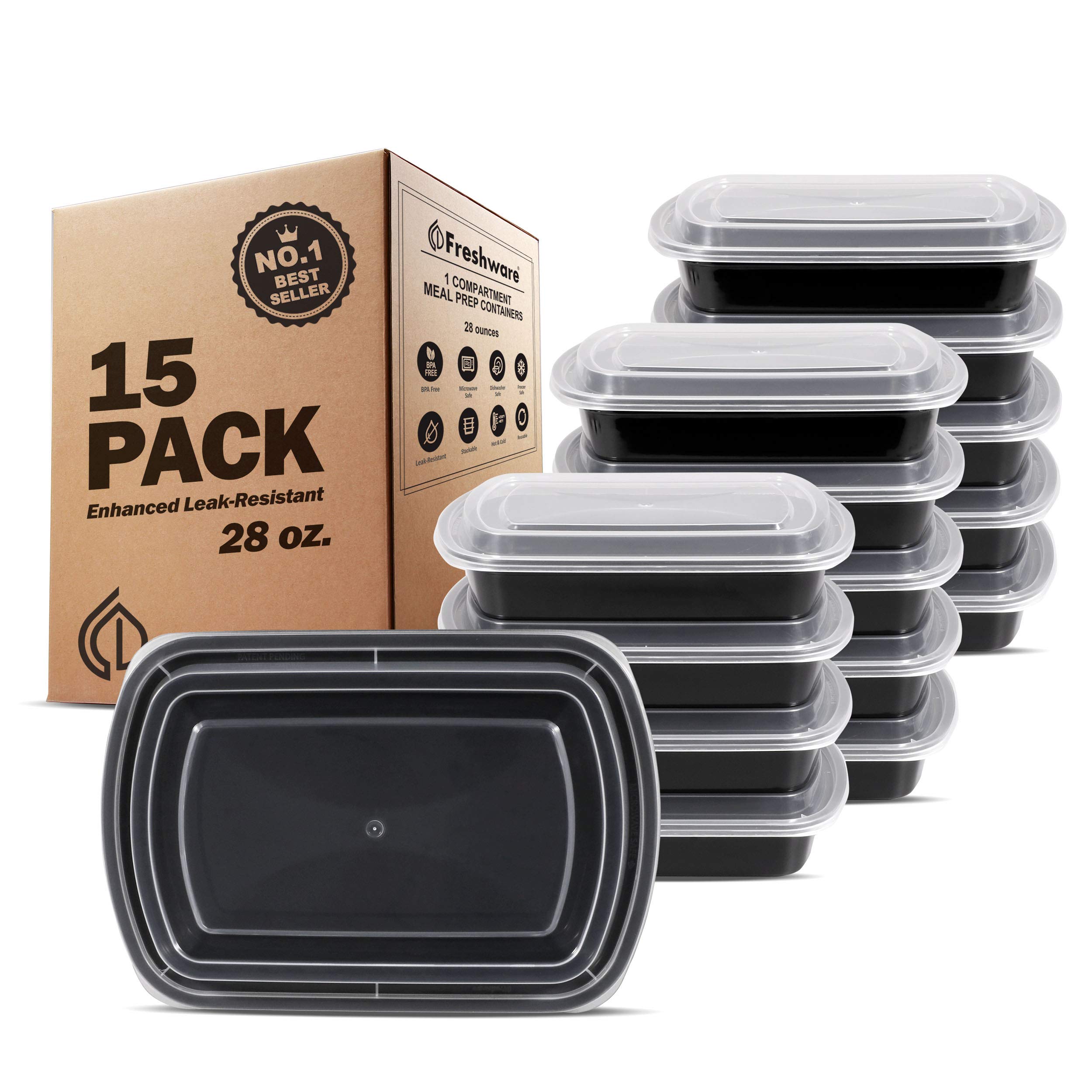 Freshware Meal Prep Containers Bento Boxes with Lids (21 Pack, 3 Compartment, 24 oz) and (15 Pack, 1 Compartment, 28 oz)