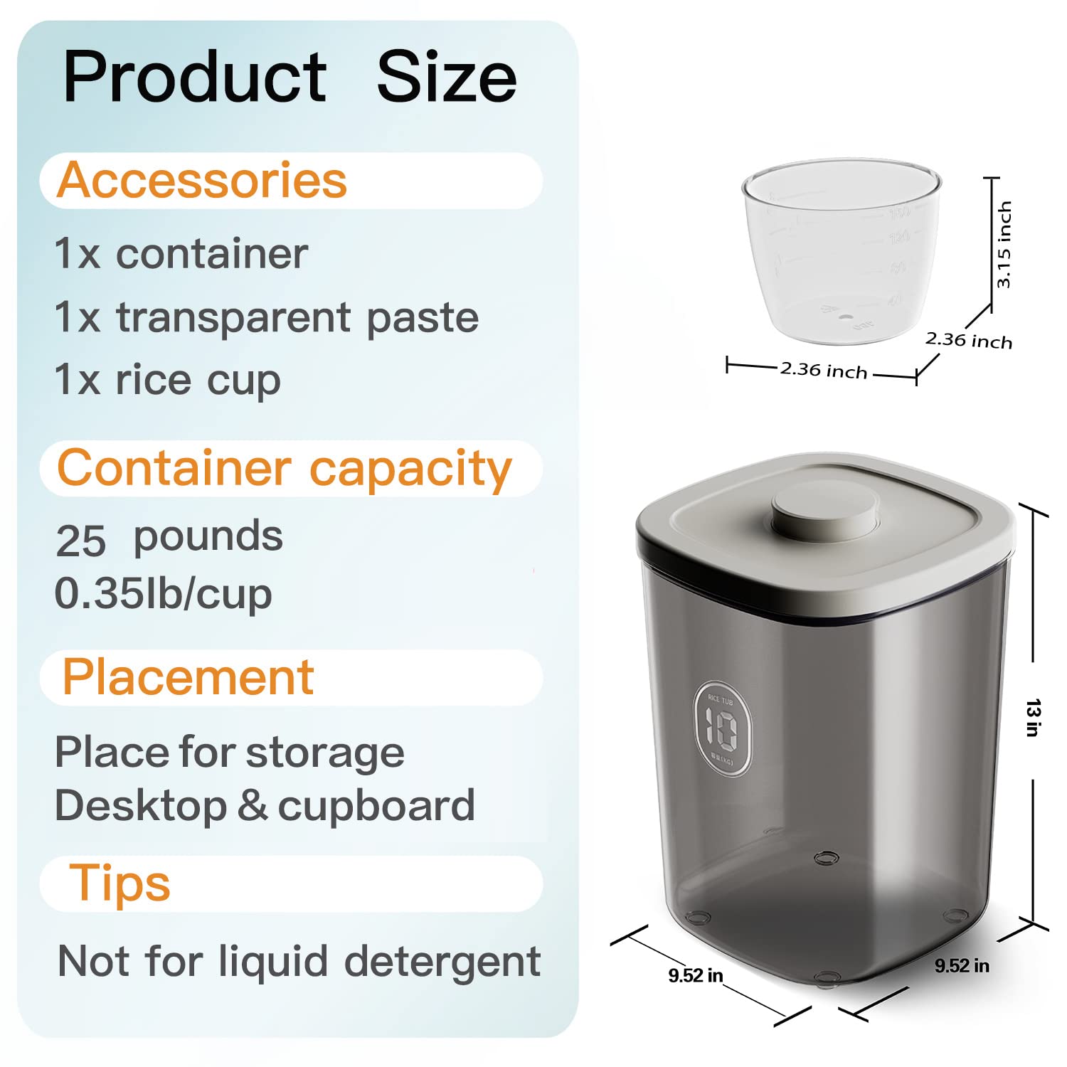 LivLab 25 lbs +10 lbs Rice Dispenser, Airtight Rice Container Storage with Measuring Cup & Brush Food Cereal Container Bins Household for Kitchen Pantry Organization