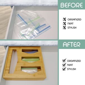 DE'VELO Bamboo Ziplock Baggy Organizer, Food Storage Container Organizer with Slider door, Compatible with Ziploc, Solimo, Glad, Hefty for Gallon, Quart, Sandwich and Snack Size Bag