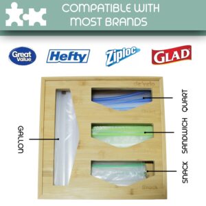 DE'VELO Bamboo Ziplock Baggy Organizer, Food Storage Container Organizer with Slider door, Compatible with Ziploc, Solimo, Glad, Hefty for Gallon, Quart, Sandwich and Snack Size Bag