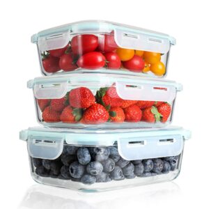 whole housewares | glass food storage containers meal prep pack of 3 in different sizes | food storage containers glass with lids airtight | for meal prep and fruit