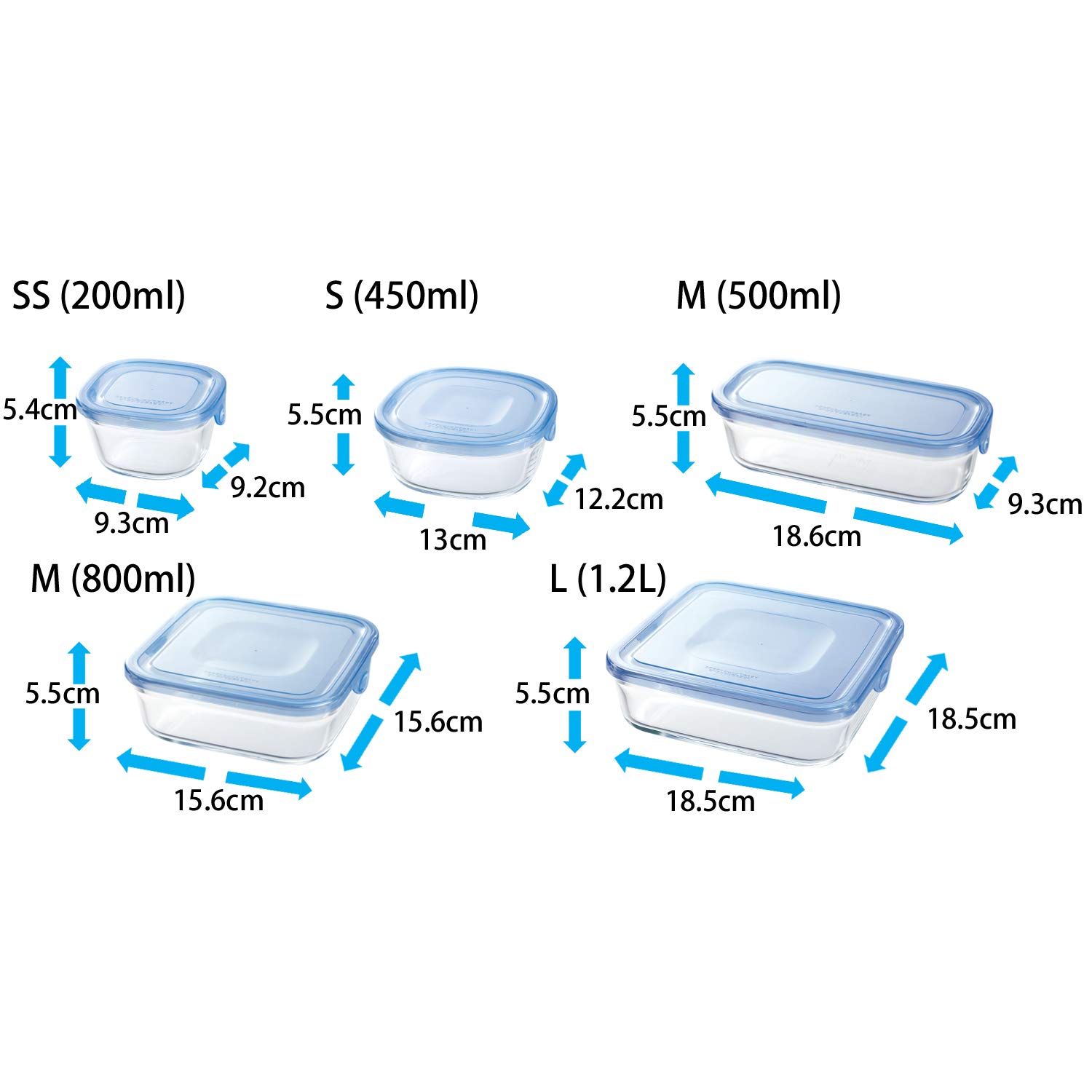 iwaki NEW Pack & Microwave Oven [Square] 200ml × 4-piece set, Aqua Blue (KBT3200BLN)