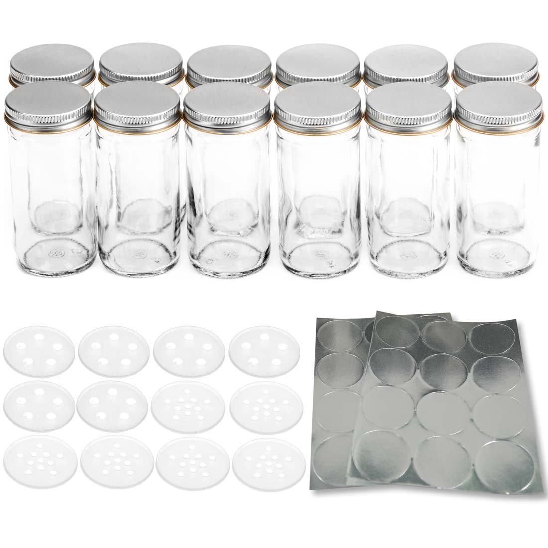 SpiceLuxe 12 Premium Round Glass Spice Bottles, Premium Jars with Silver Metal Lids, Shaker Tops, and Blank Labels