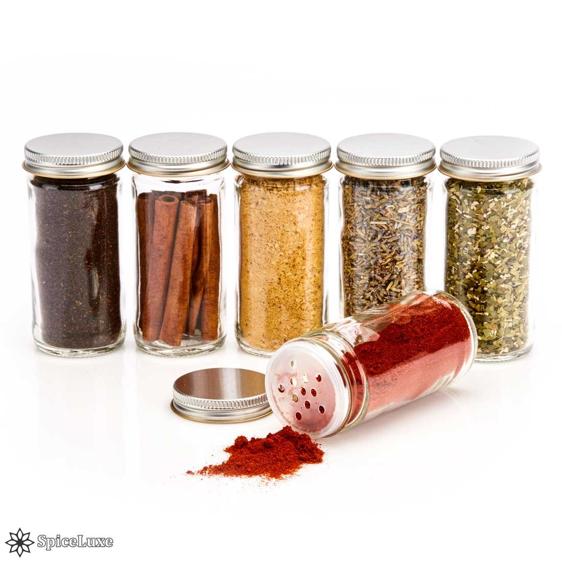 SpiceLuxe 12 Premium Round Glass Spice Bottles, Premium Jars with Silver Metal Lids, Shaker Tops, and Blank Labels